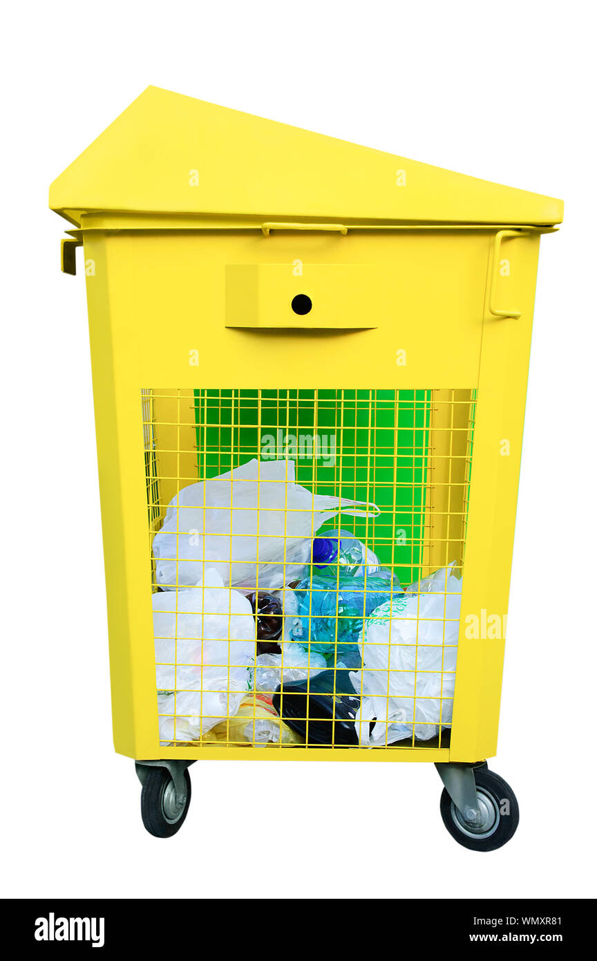 Yellow metal trash bin. Garbage waste from plastic. White isolate Stock ...