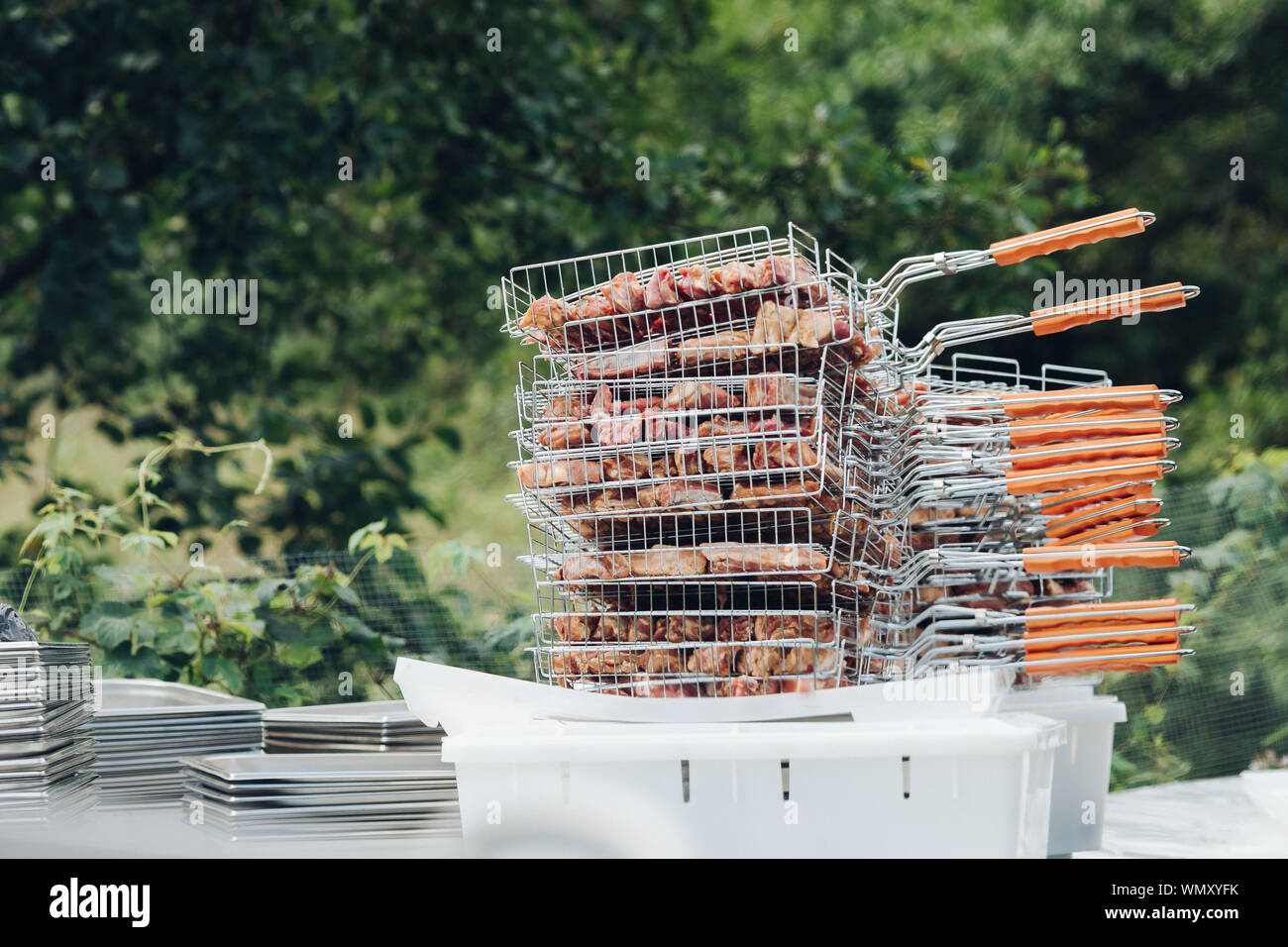 Side view of raw marinated meat for picnic Stock Photo - Alamy