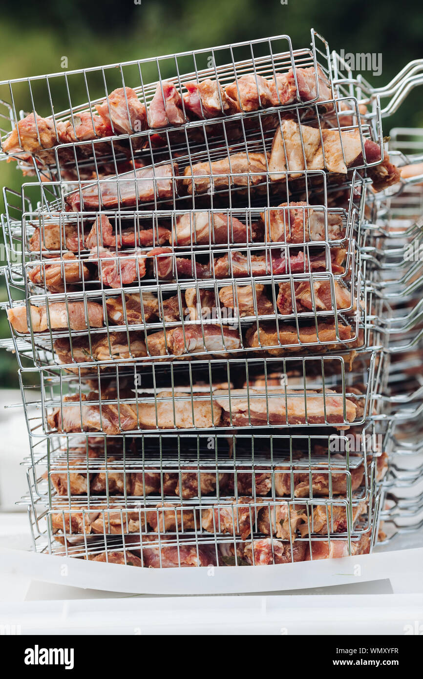 Side view of raw marinated meat for picnic Stock Photo - Alamy
