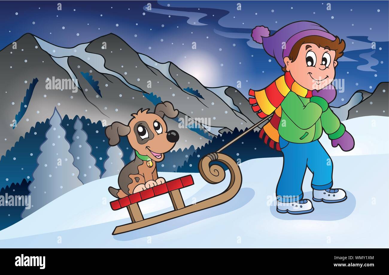 Happy boy sled on Stock Vector Images - Alamy