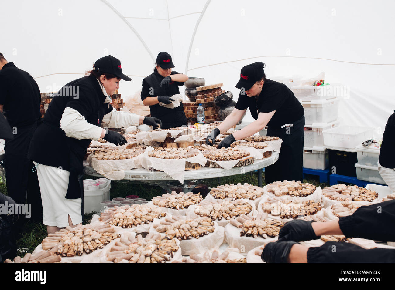 Belaris Minsk 26 07 2019 Workers preparing rolls for catering.Employees ...