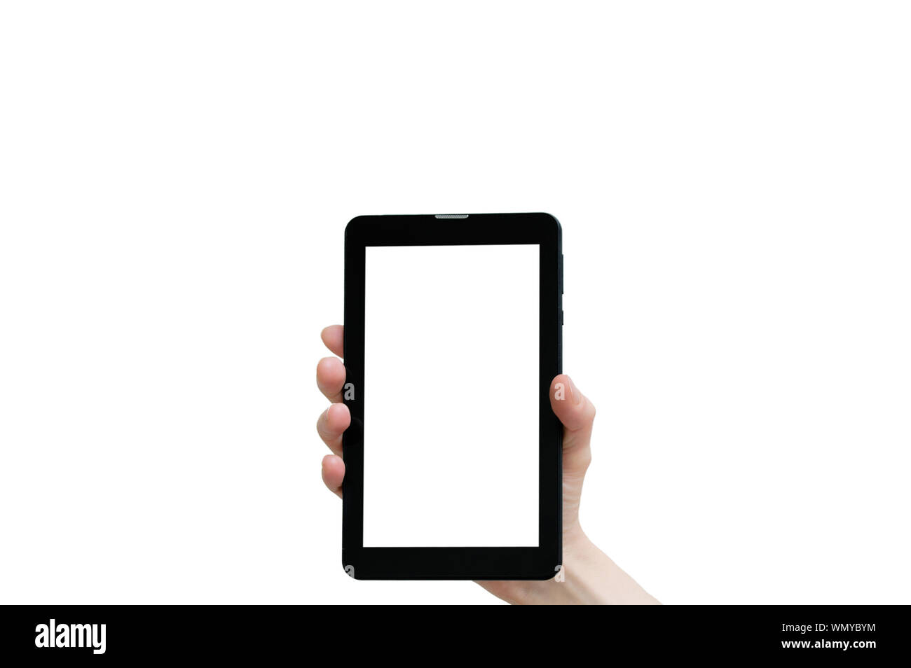 Black tablet with a white display in the hand of a caucasian girl ...
