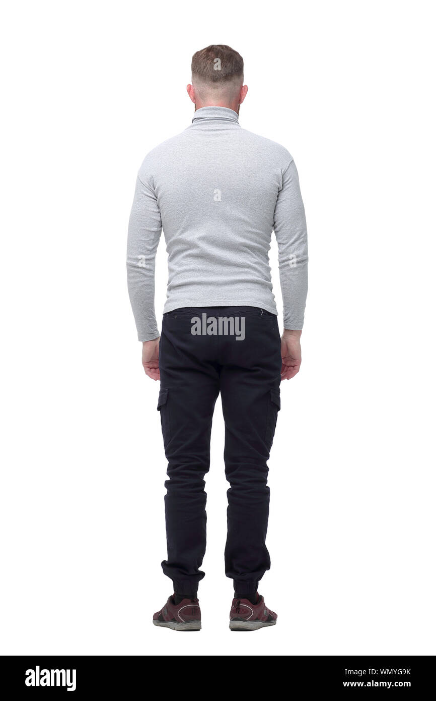 rear view. a young man in white looking forward Stock Photo - Alamy