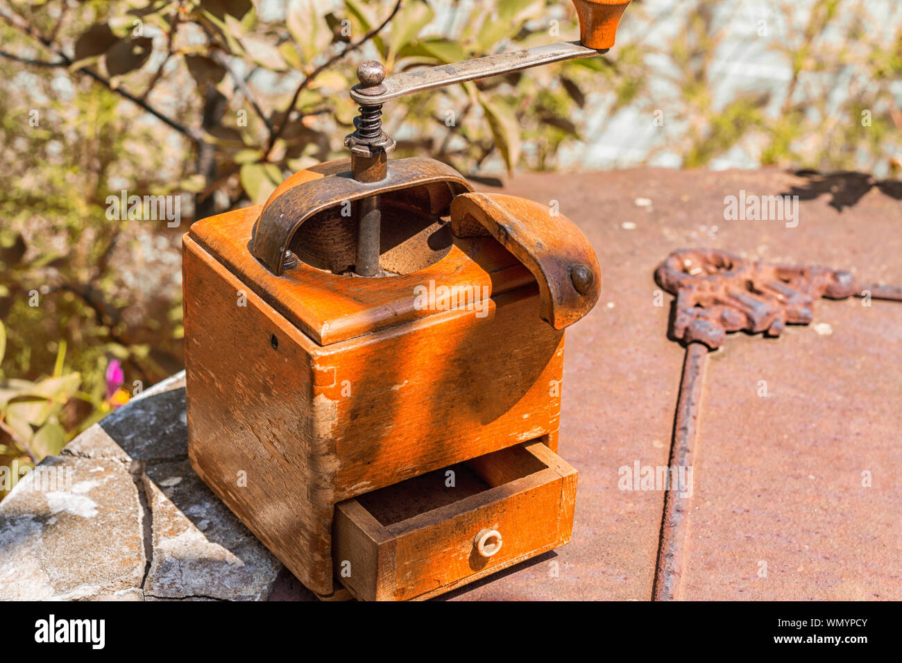 Rustic wooden vintage coffee grinder Single manual square shaped coffee ...