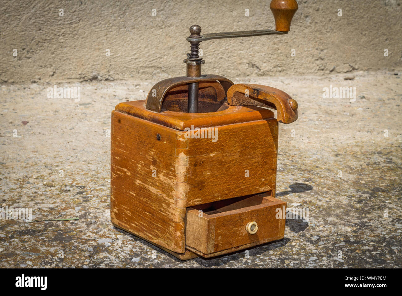 Rustic wooden vintage coffee grinder Single manual square shaped coffee ...