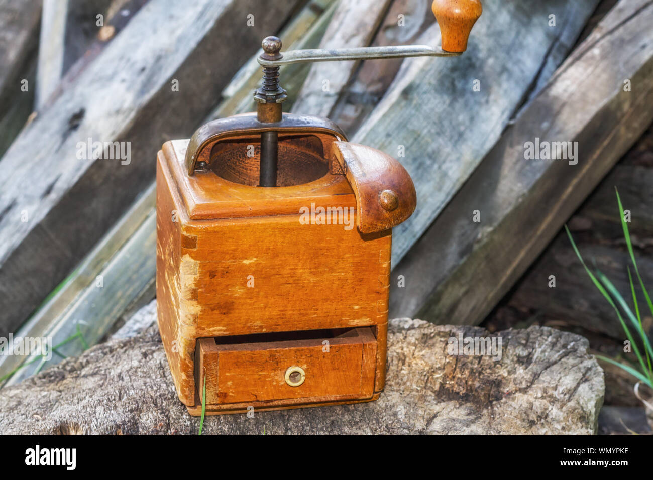 Rustic wooden vintage coffee grinder Single manual square shaped coffee ...