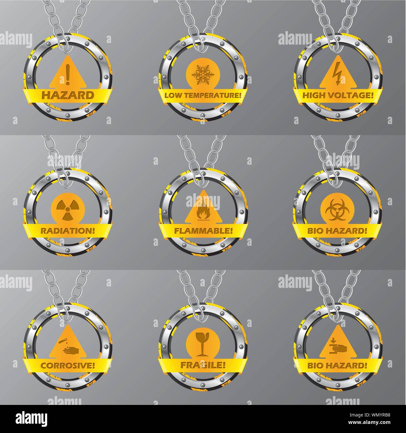 Metallic caution signs hanging on chains Stock Vector Image & Art - Alamy