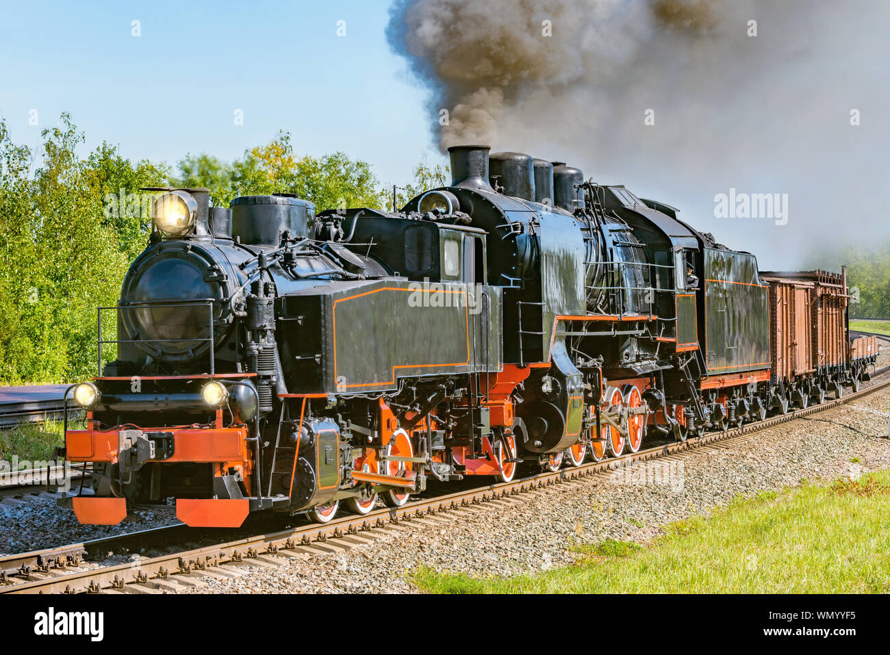 Steam freight train departs from the railway station. Moscow. Russia ...
