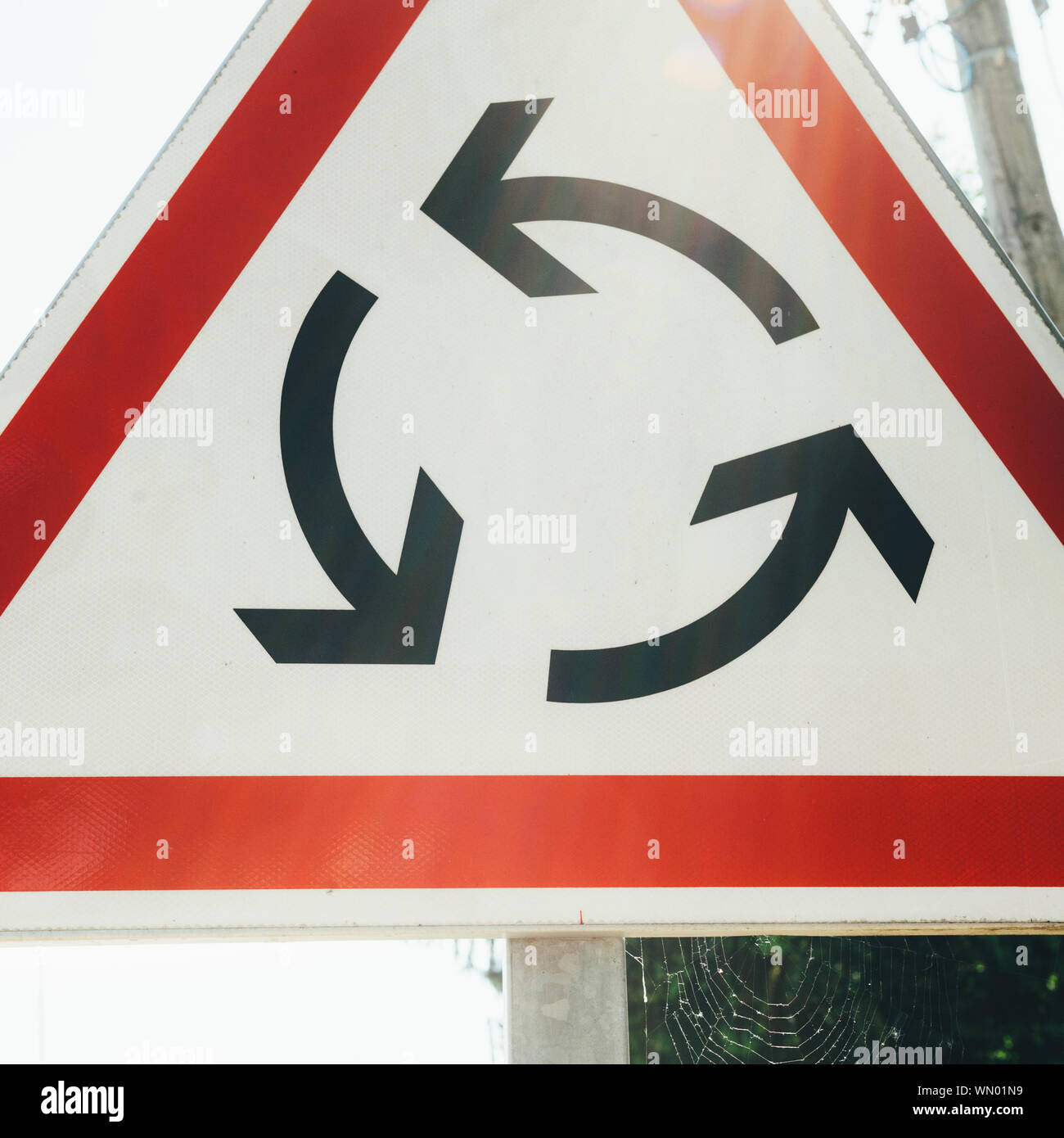 Closeup of new Roundabout sign indicating that a roundabout is ahead on ...