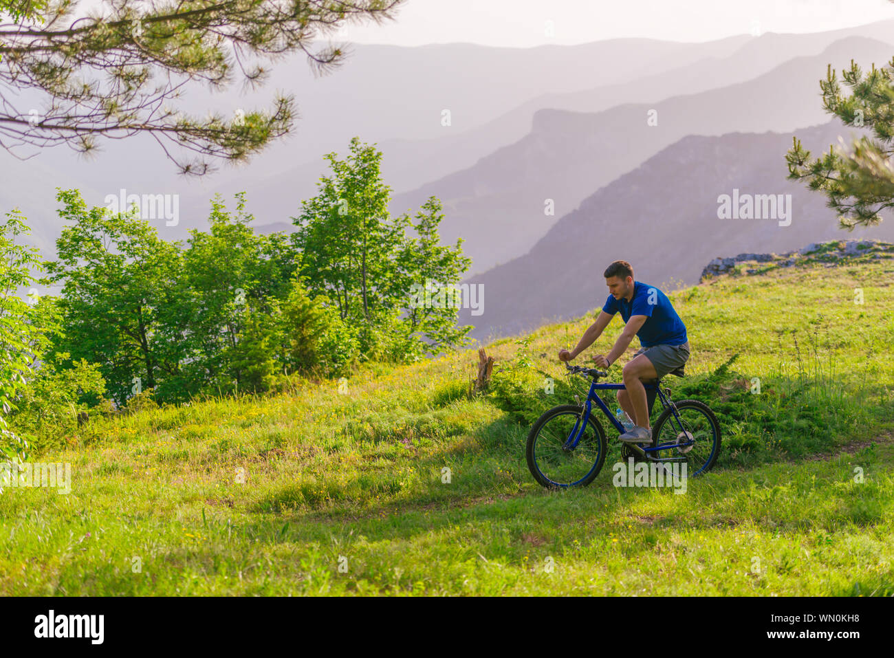Adventurous mountain biker riding his bike fast through the woods ...