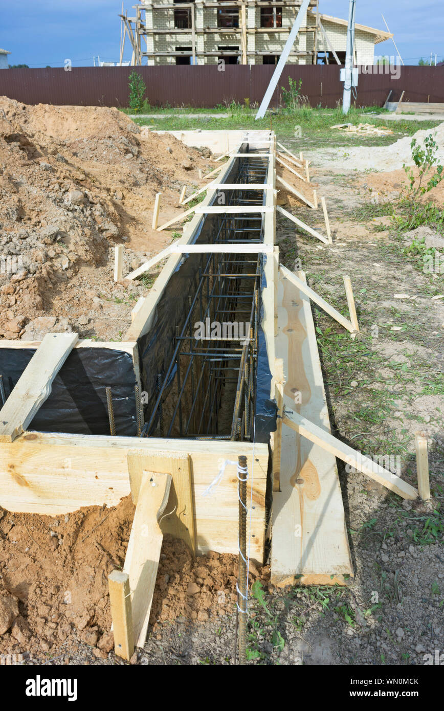 Construction of formwork for foundation of small country house on ...