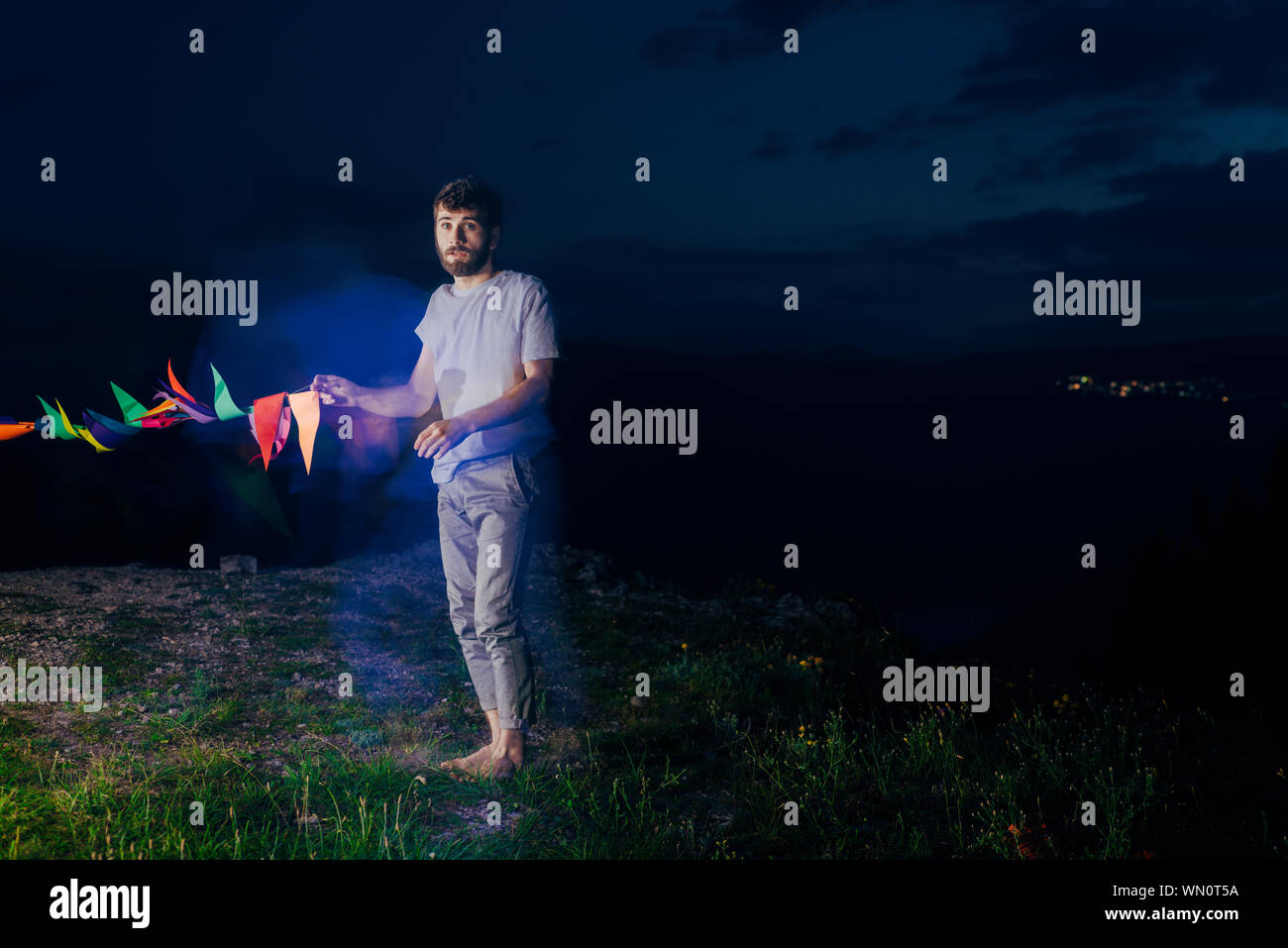 Full length portrait of a excited funny bearded man while dancing Stock ...