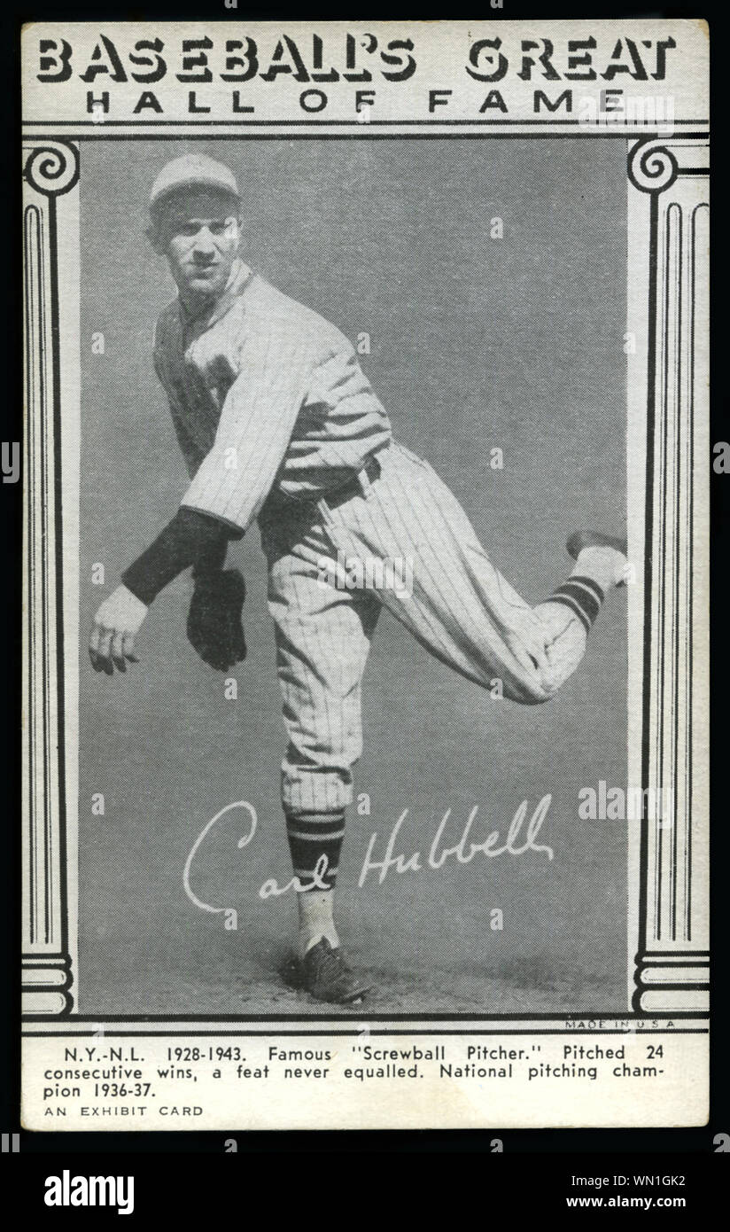 Exhibit Baseball Card of Carl Hubbell, Hall of fame baseball player who ...