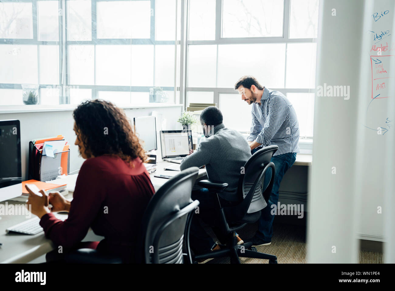 Workers by window in office Stock Photo - Alamy