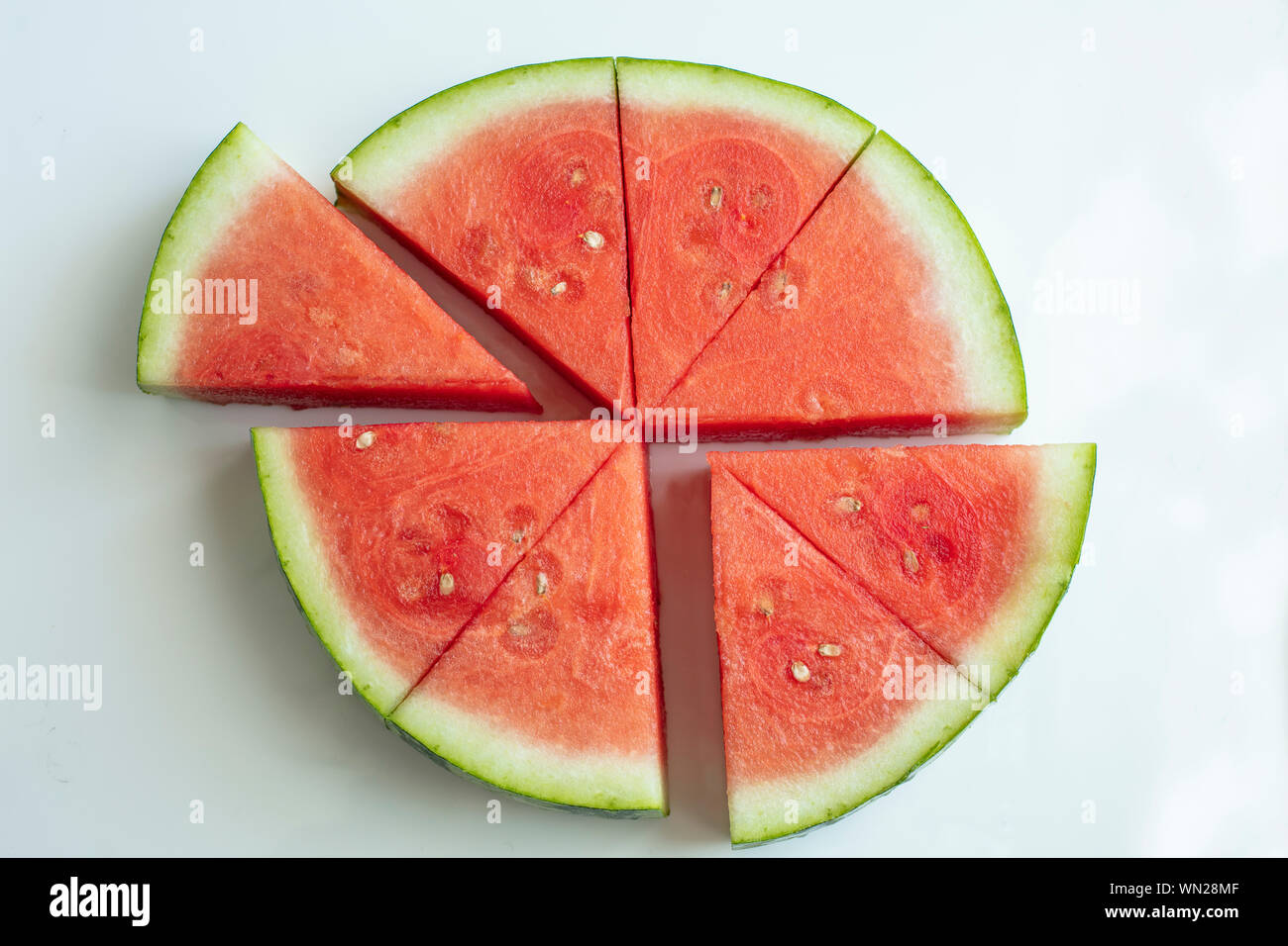 Watermelon sliced and cut into eight wedges on a white ceramic ...
