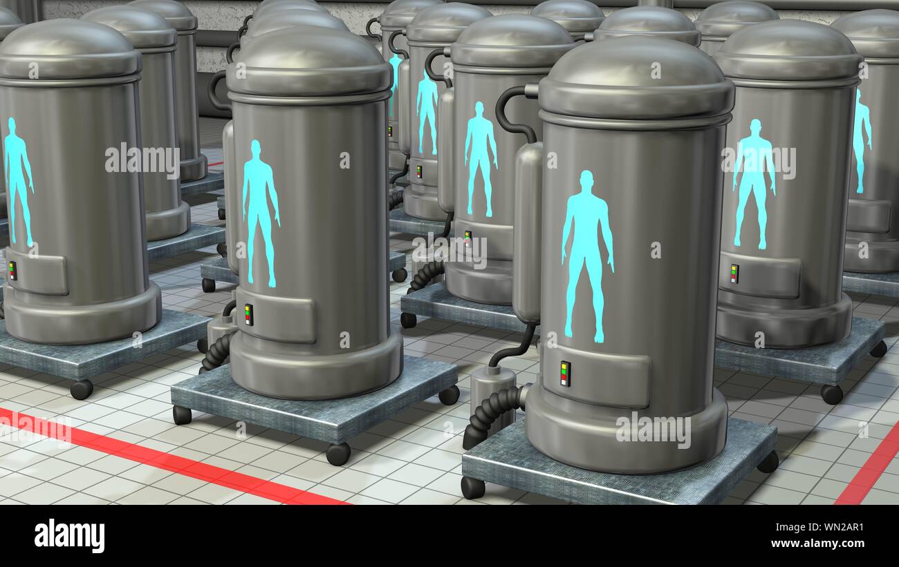 Life support chamber, cryogenic tank with man inside. 3d rendering ...