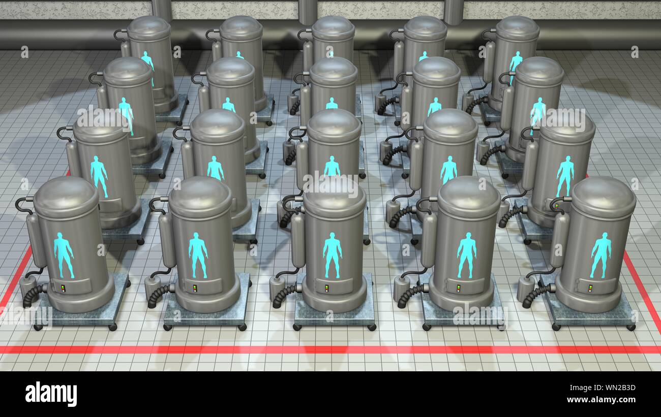 Life support chamber, cryogenic tank with man inside. 3d rendering ...