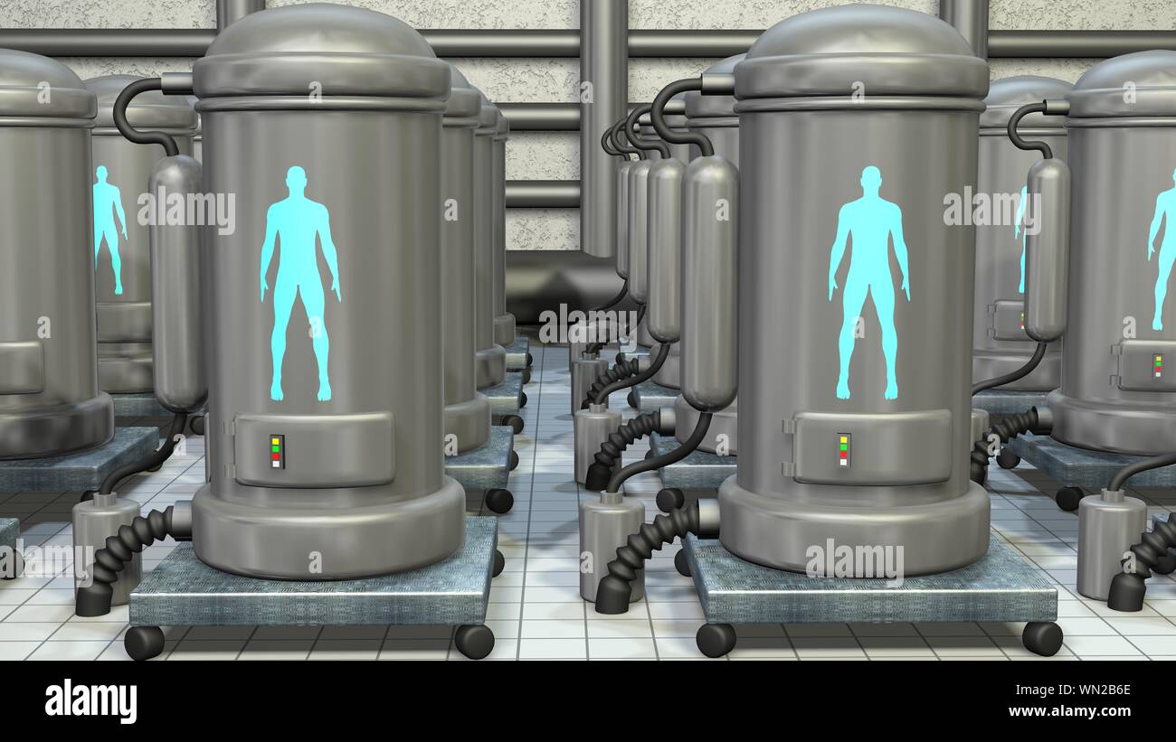 Life support chamber, cryogenic tank with man inside. 3d rendering ...