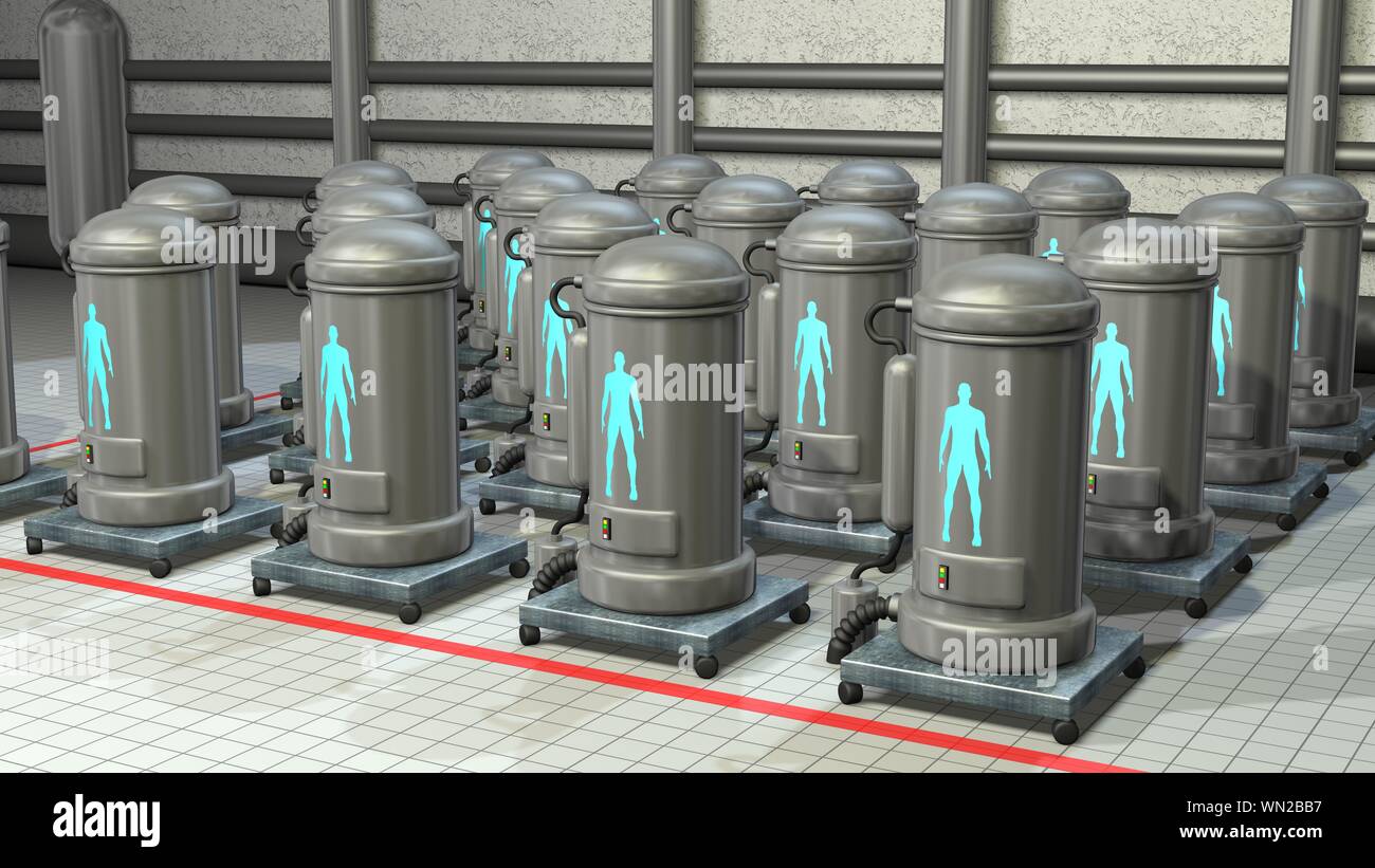 Life support chamber, cryogenic tank with man inside. 3d rendering ...