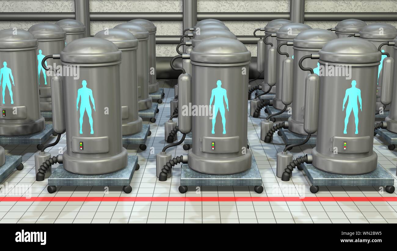 Life support chamber, cryogenic tank with man inside. 3d rendering ...