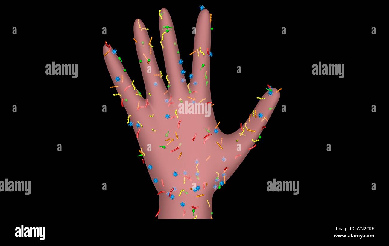 Bacteria , germs on hand. 3d rendering. Isolated on solid color ...