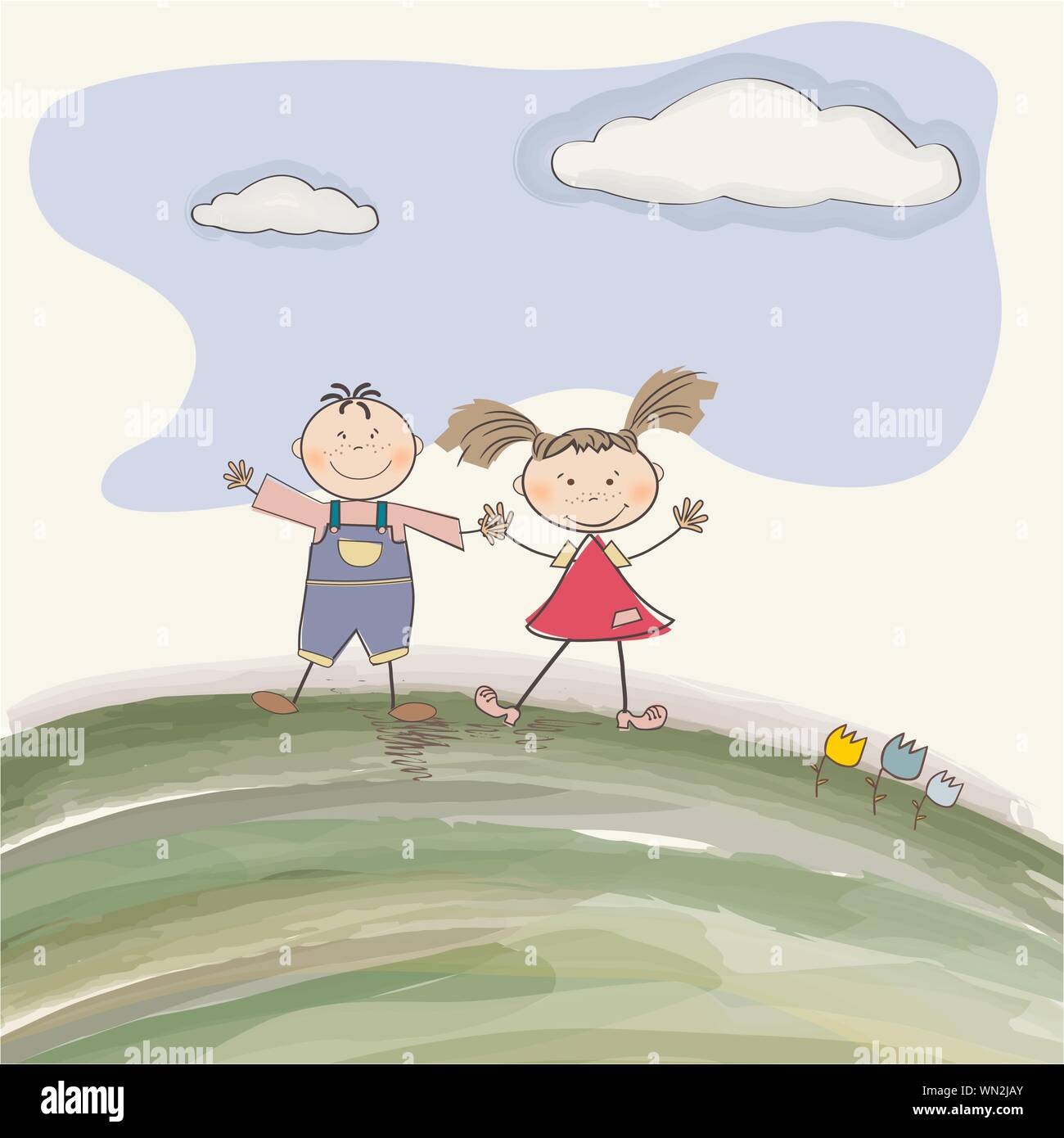 two happy kids on a meadow Stock Vector Image & Art - Alamy