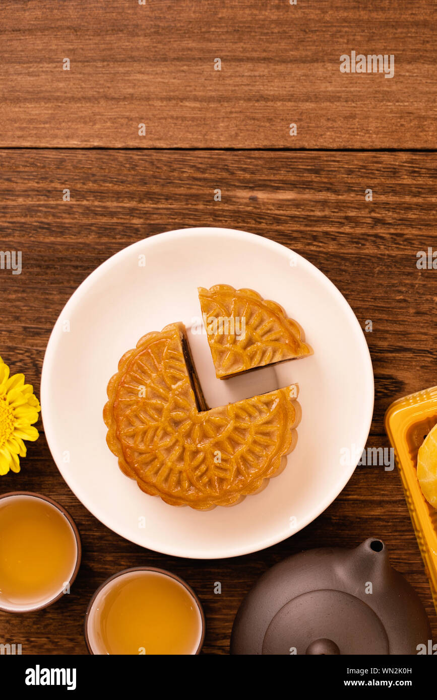 Mid-Autumn Festival holiday concept design of moon cake, mooncakes, tea ...