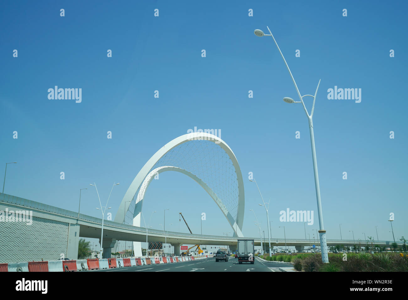 DOHA QATAR - JULY 10 2019; Memorial arches over Lusail Highway are ...