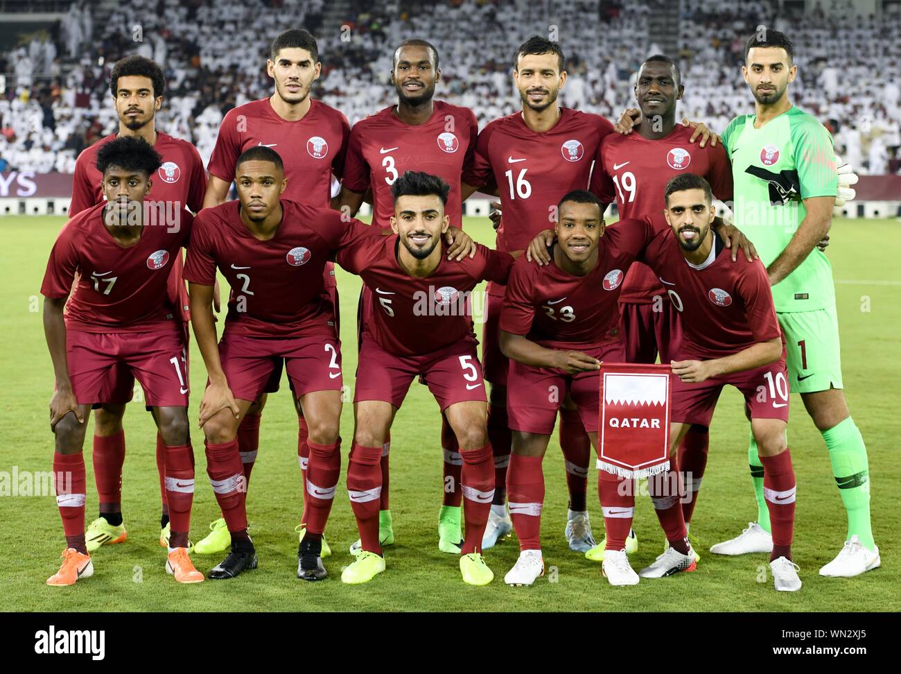 Doha, Qatar. 5th Sep, 2019. Players of Qatar pose before the FIFA World ...