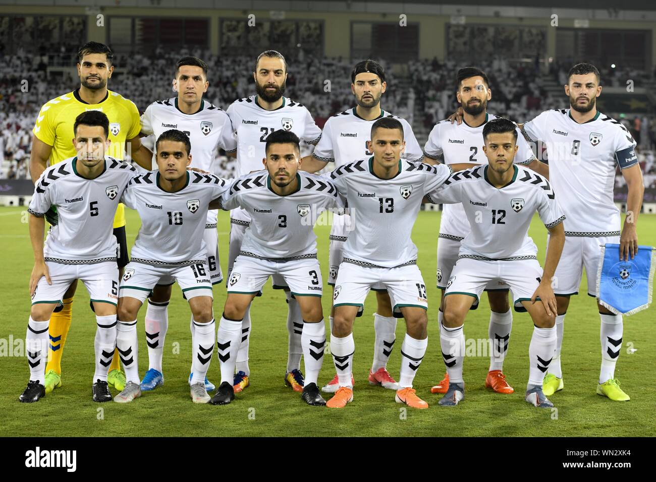Doha, Qatar. 5th Sep, 2019. Players of Afghanistan pose before the FIFA ...