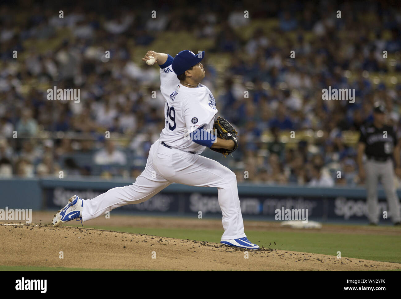 Los Angeles, CALIFORNIA, USA. 4th Sep, 2019. Hyun-Jin Ryu (99) pitches ...