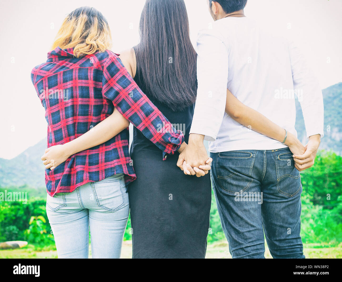 Back side of happiness group friends people wearing casual shirt ...