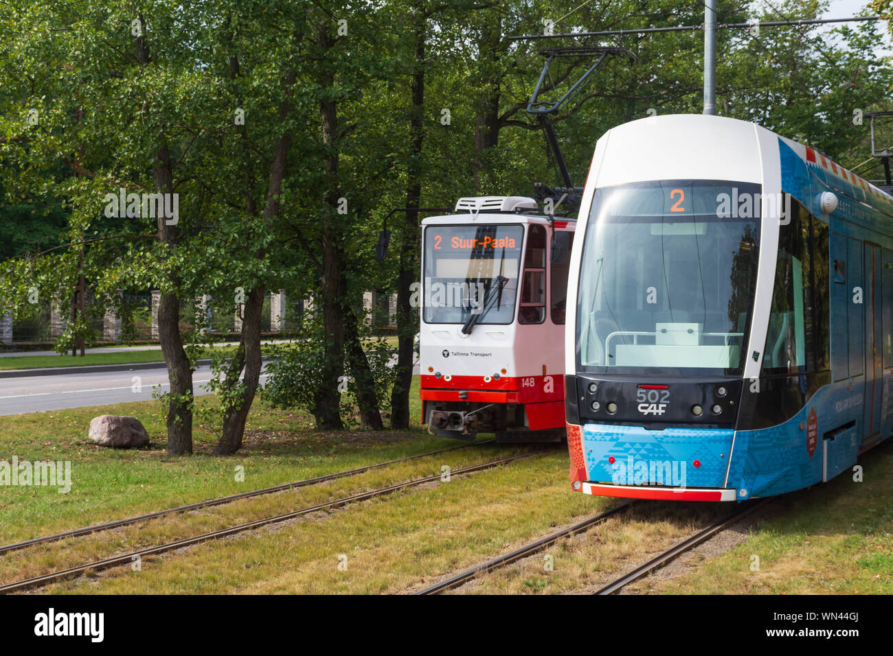 Trams meet at Pohja puiestee street in Tallinn Estonia Stock Photo - Alamy