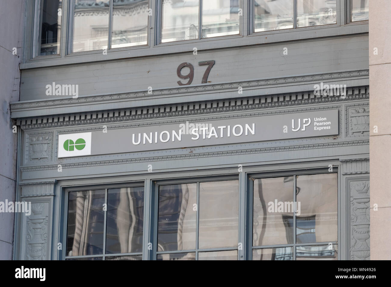 GO Transit and UP (Union Pearson Express) logos on Union Station sign ...
