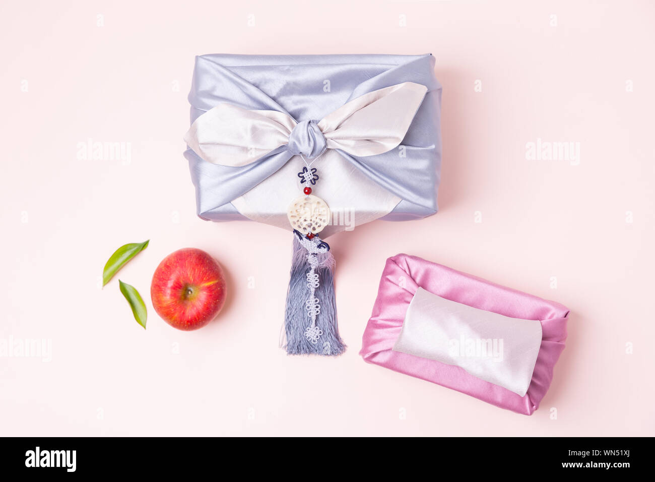 Concept of Korean traditional objects, wrapping cloth and refreshments ...