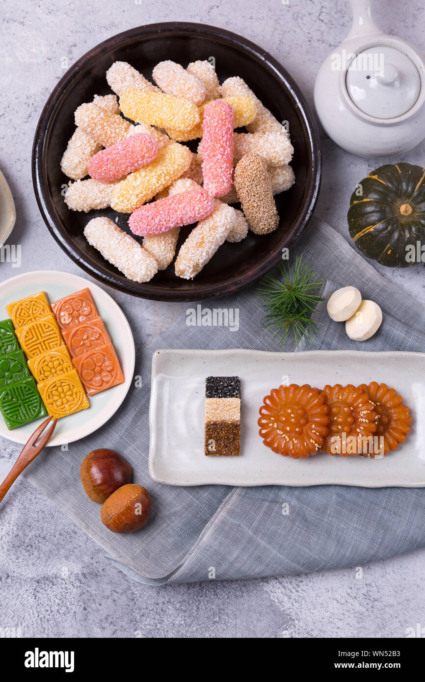 Concept of Korean traditional objects, wrapping cloth and refreshments ...