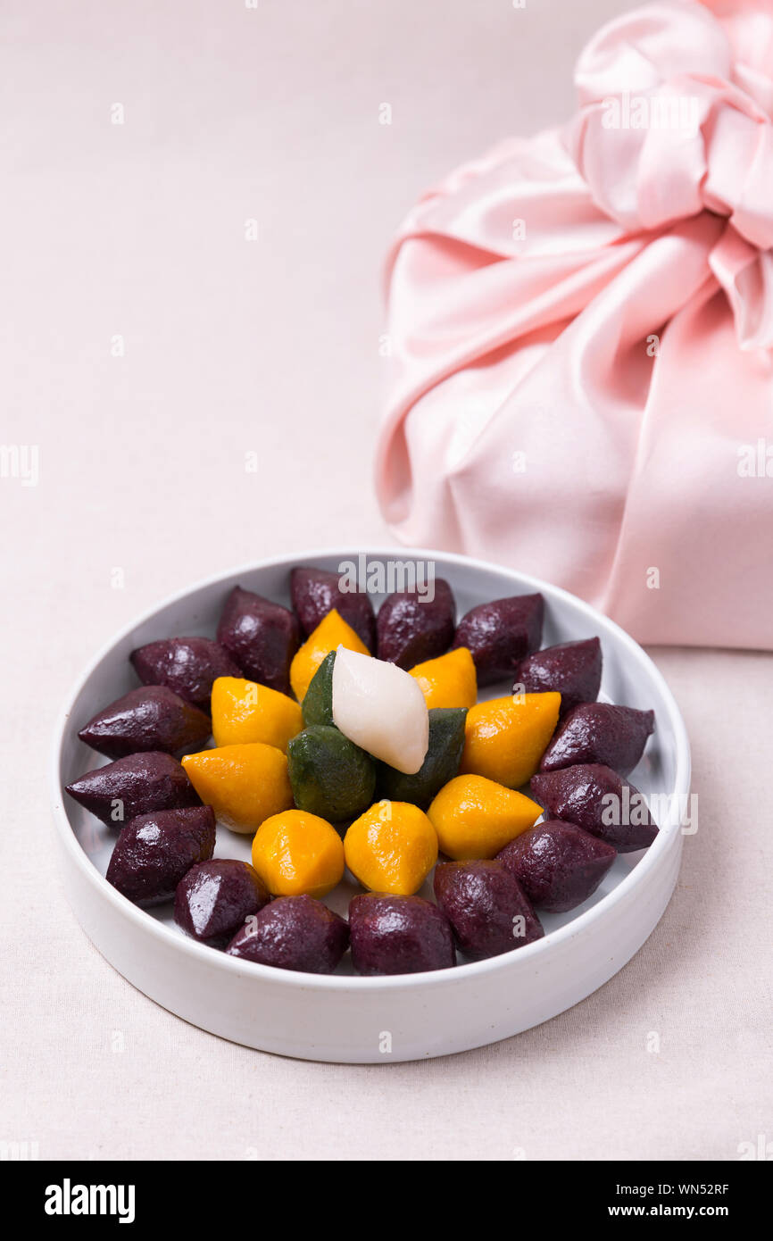 Concept of Korean traditional objects, wrapping cloth and refreshments ...