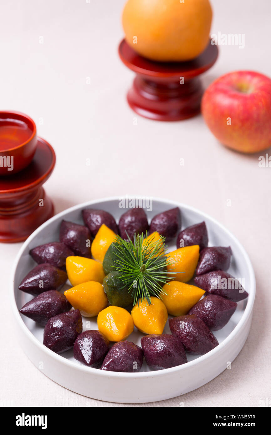 Concept of Korean traditional objects, wrapping cloth and refreshments ...