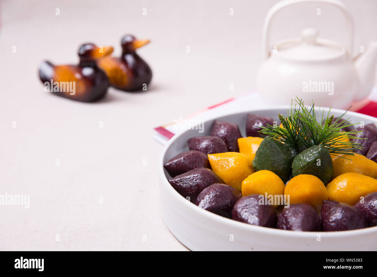 Concept of Korean traditional objects, wrapping cloth and refreshments ...