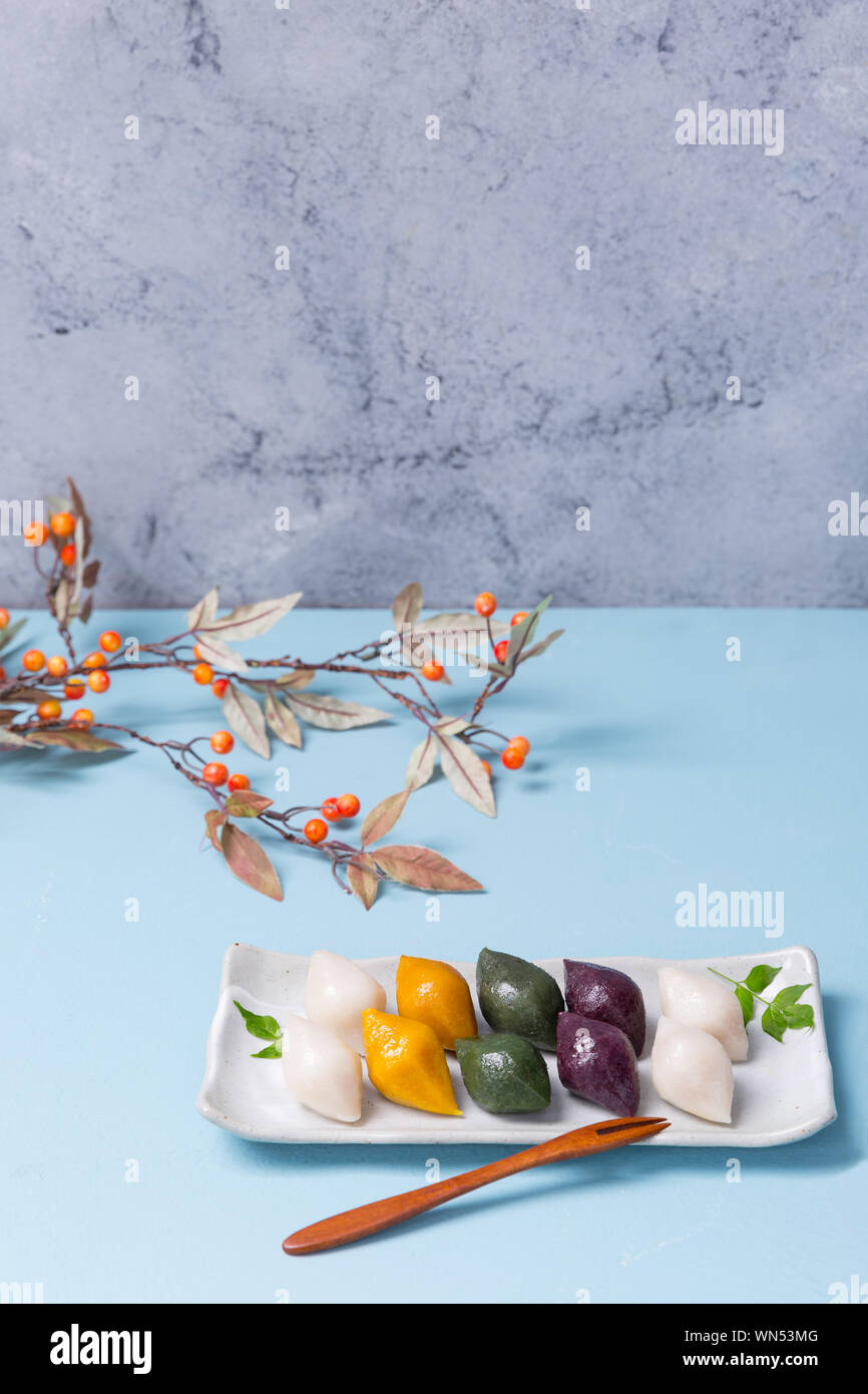 Concept of Korean traditional objects, wrapping cloth and refreshments ...