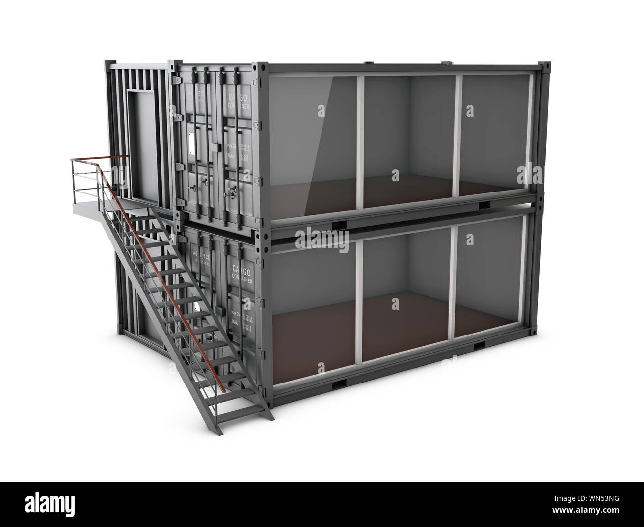 Converted old shipping container, 3d Illustration isolated gray Stock ...