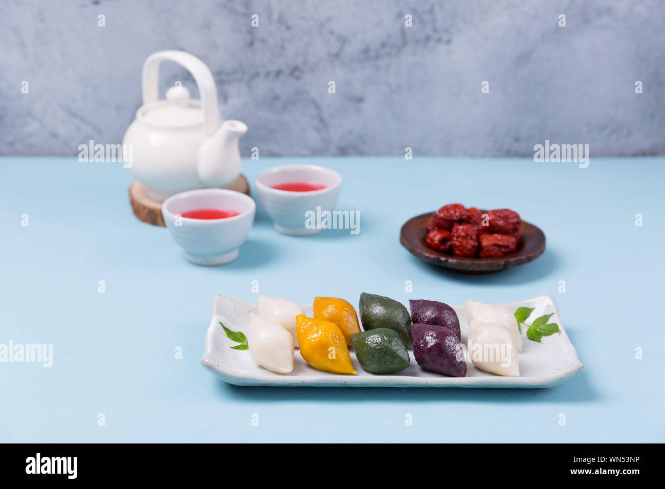 Concept of Korean traditional objects, wrapping cloth and refreshments ...