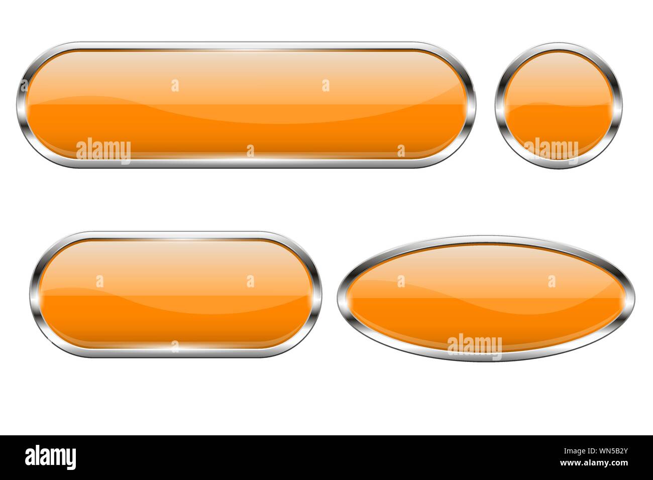 Orange glass buttons. Set of 3d shiny icons with chrome frame. Vector ...
