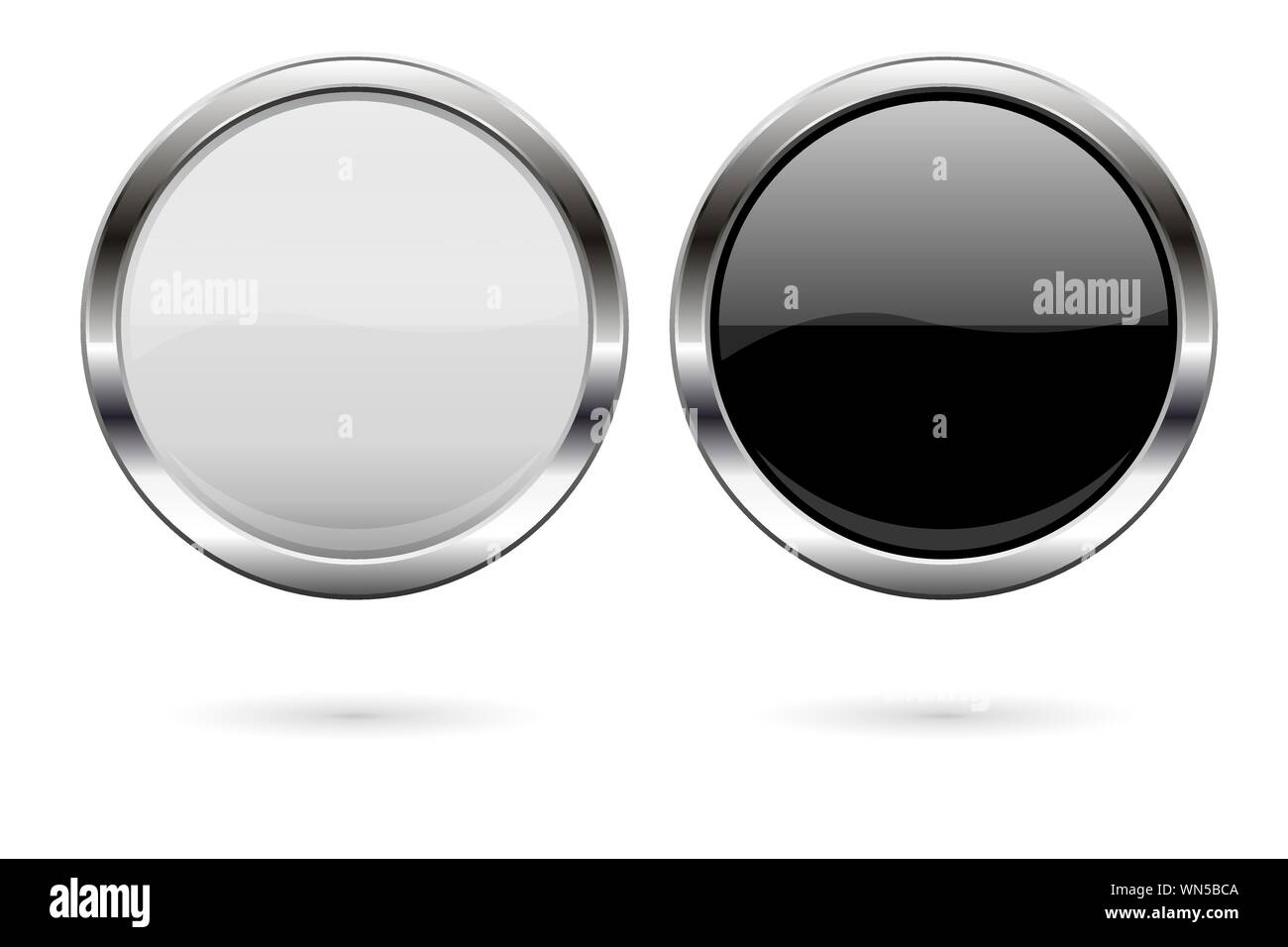 Round glass buttons. Black and white icons with metal frame. Vector 3d ...
