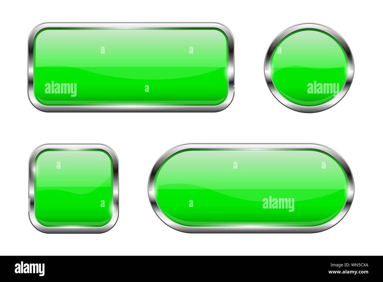 Green glass buttons. Set of 3d shiny icons with chrome frame. Vector ...