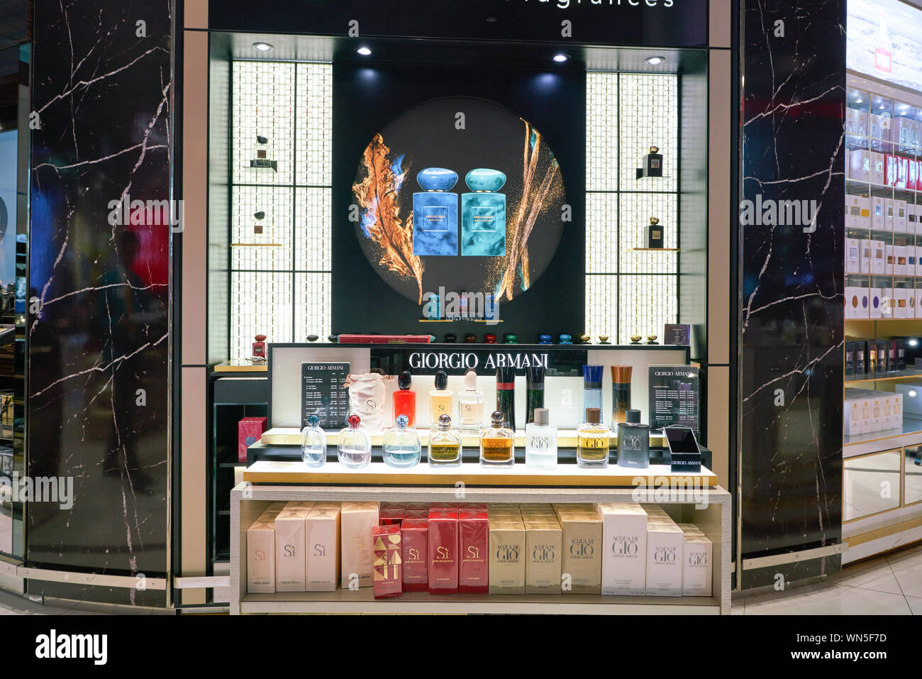 DUBAI, UAE - CIRCA JANUARY, 2019: perfumes on display in Duty Free at ...