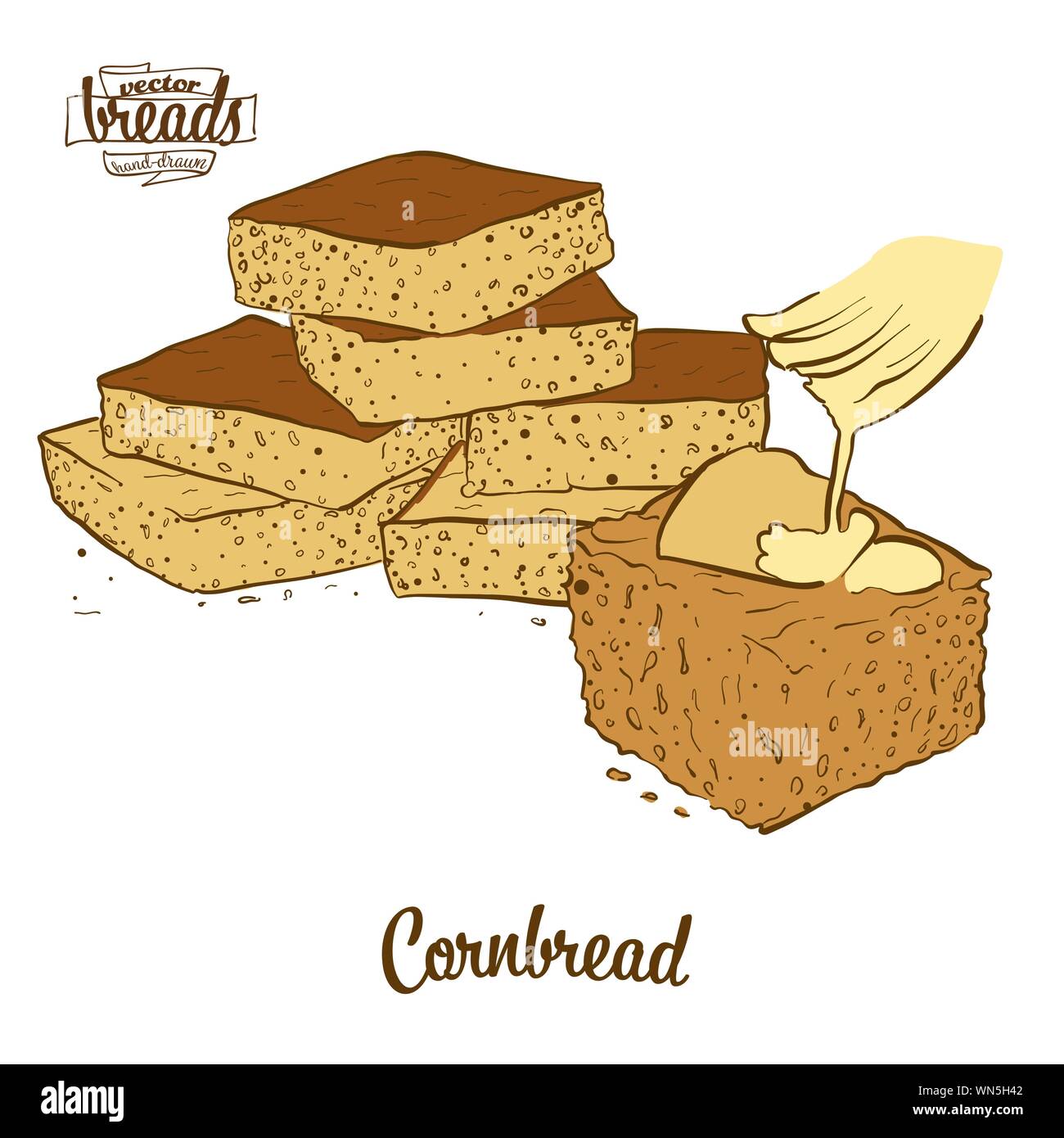 Colored drawing of Cornbread bread. Vector illustration of Cornbread ...