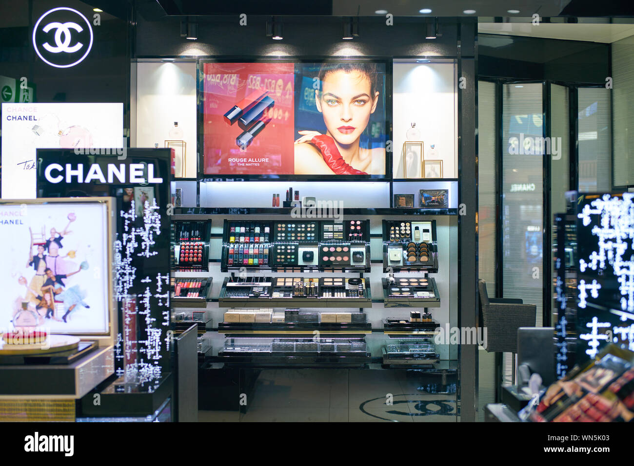 DUBAI, UAE - CIRCA FEBRUARY, 2019: Chanel makeup products on display at ...
