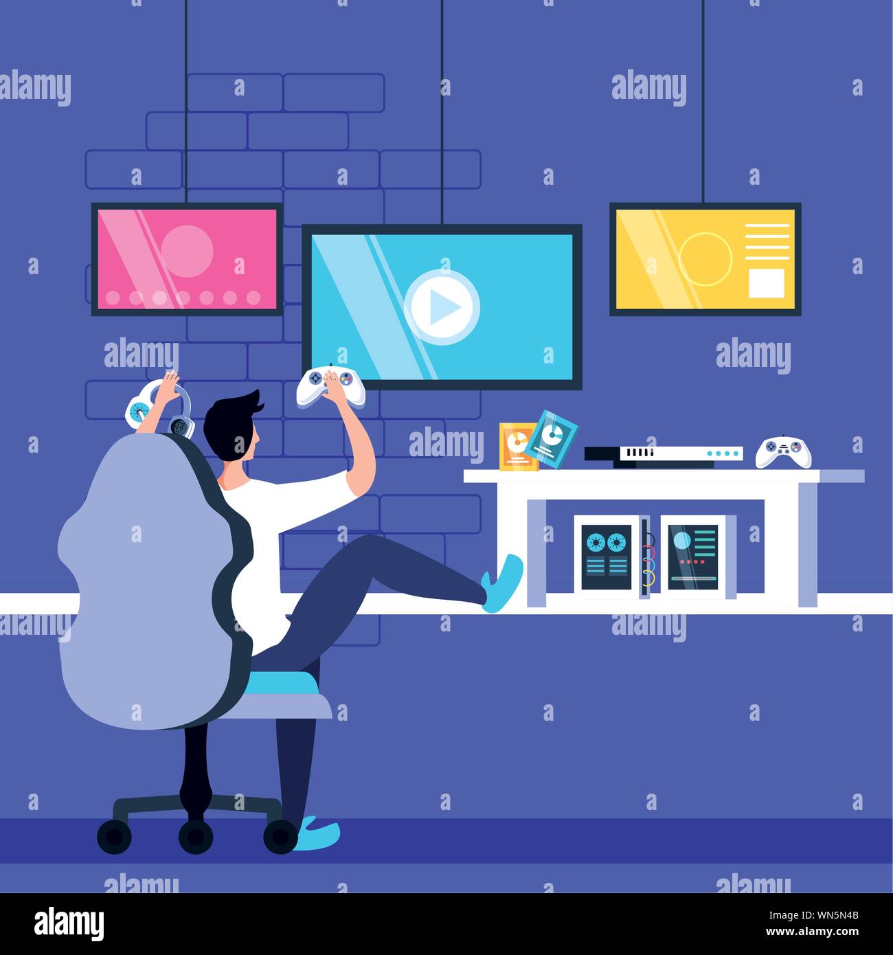 young man playing video game entertainment vector illustration design ...