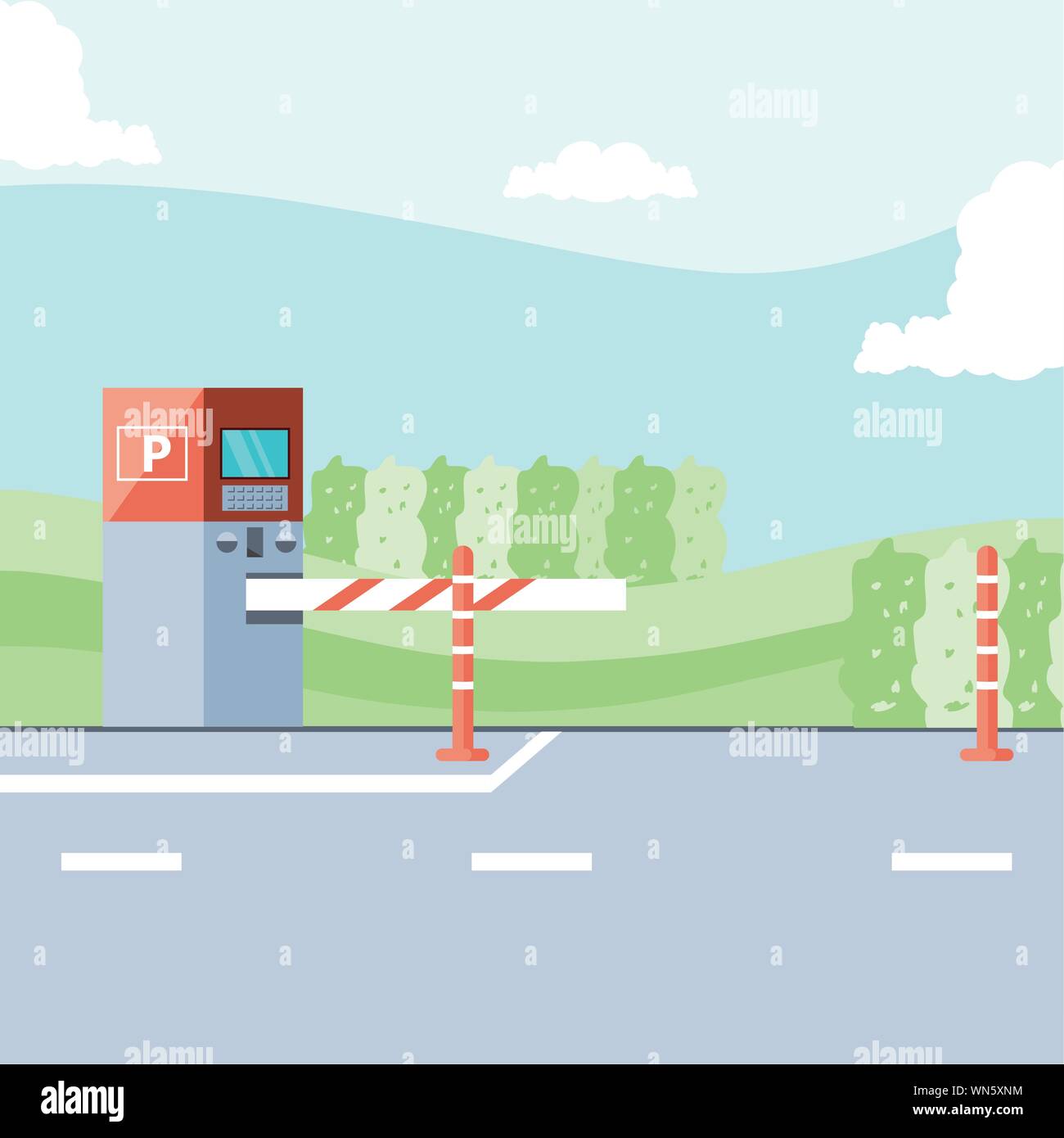 parking zone with ticket machine and barricade scene vector ...